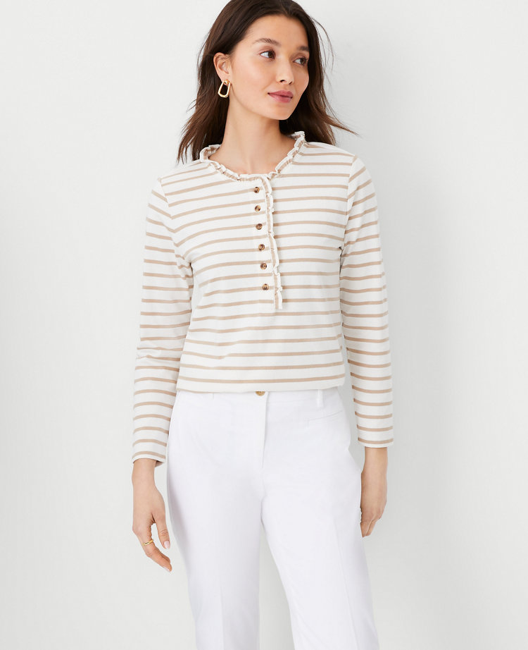 Striped Ruffle Neck Button Top