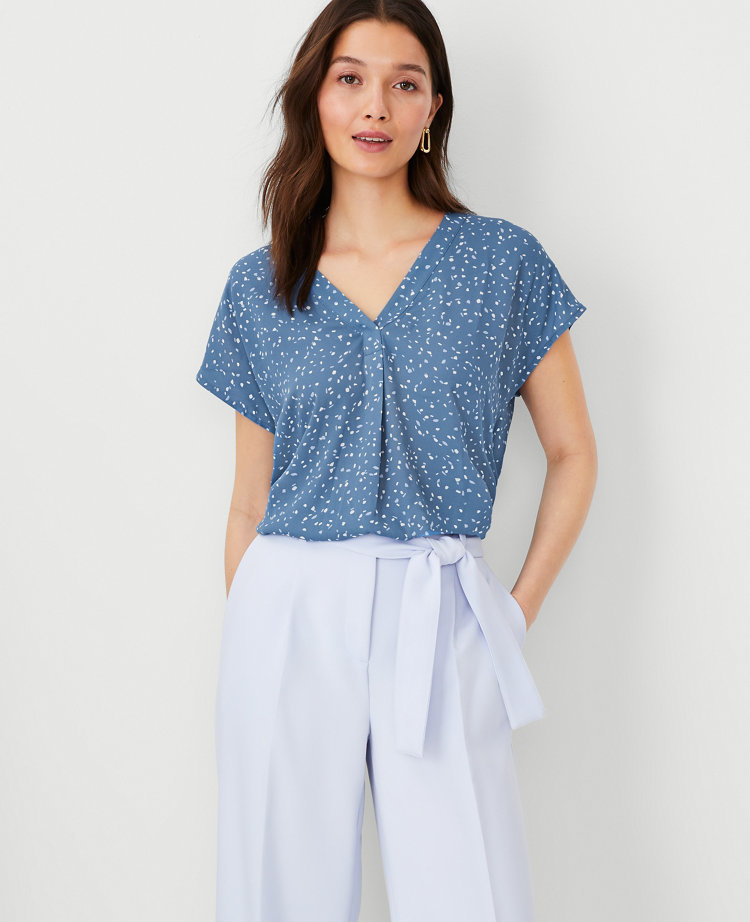 Spotted Mixed Media Pleat Front Top