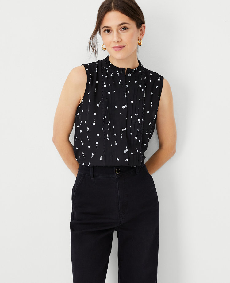 Floral Pintucked Mixed Media Shell