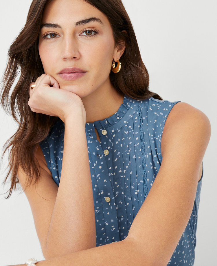 Spotted Pintucked Mixed Media Shell