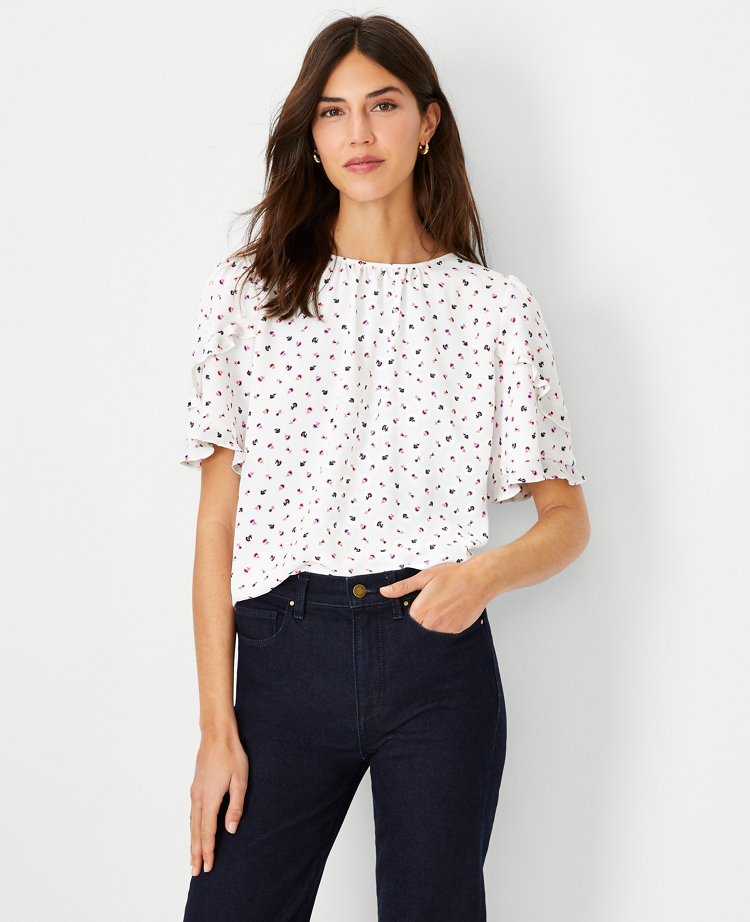 Floral Mixed Media Ruffle Sleeve Top