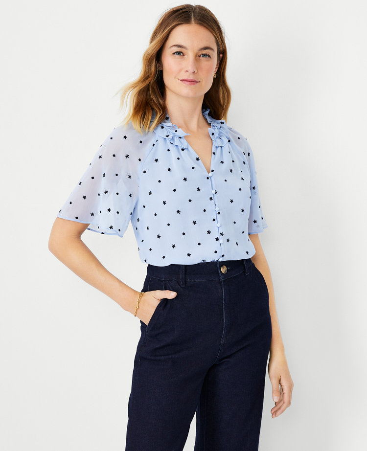 Embroidered Ruffle Raglan Sleeve Top