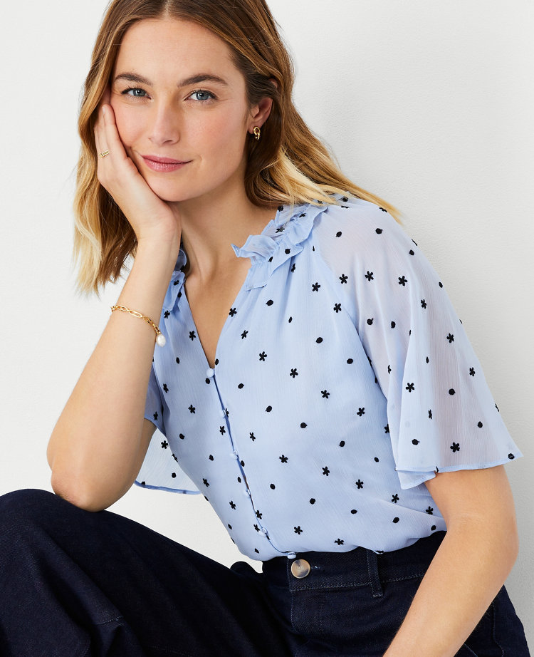 Embroidered Ruffle Raglan Sleeve Top