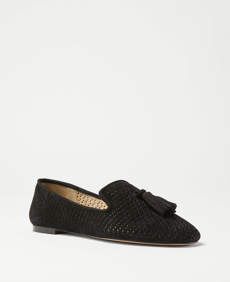 Perforated Suede Tassel Loafer Flats