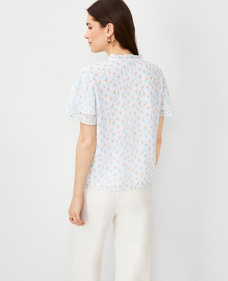 Leafed Smocked Yoke Ruffle Sleeve Top