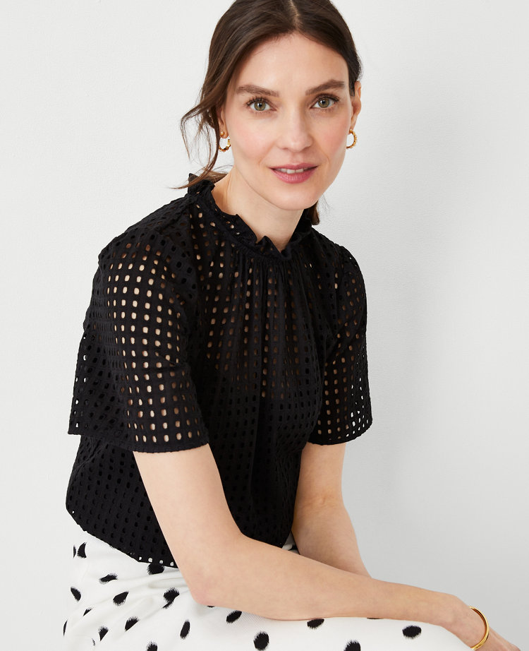 Eyelet Scalloped Mock Neck Top