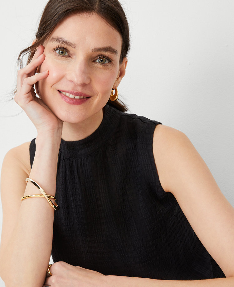 Textured Pintucked Mock Neck Shell