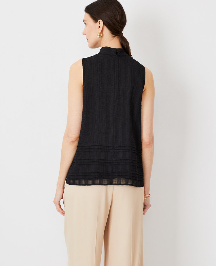 Textured Pintucked Mock Neck Shell