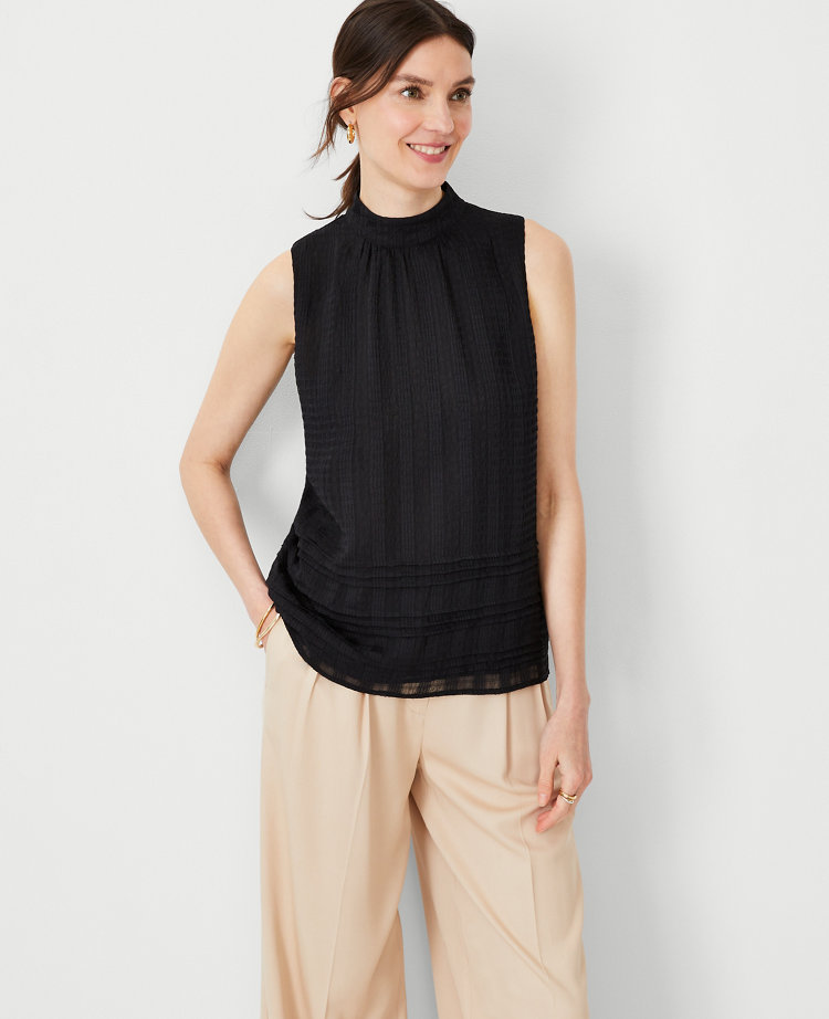 Textured Pintucked Mock Neck Shell