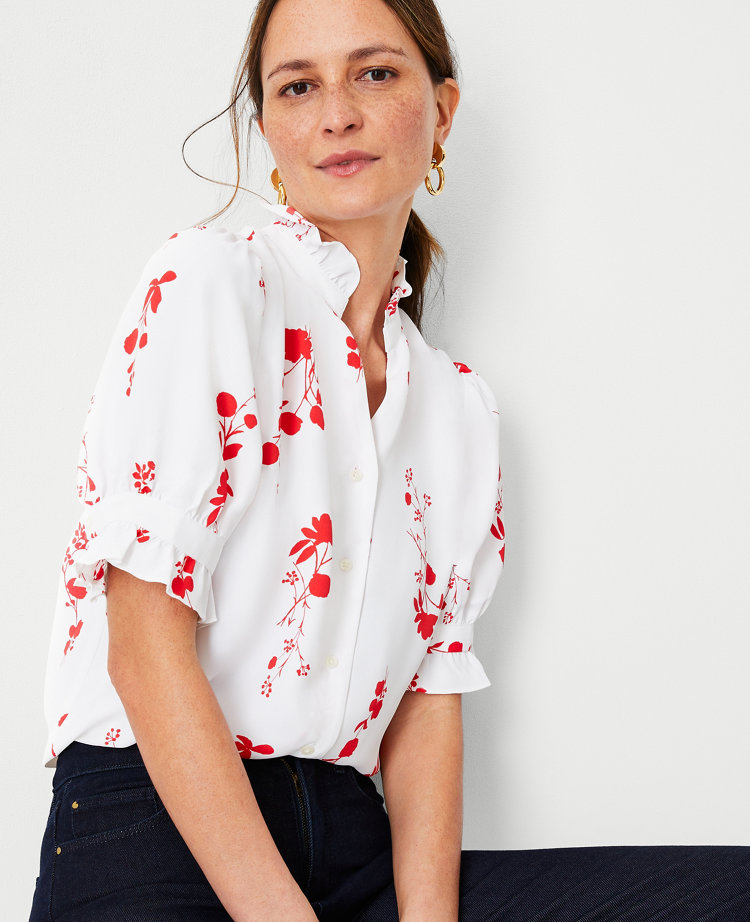 Floral Ruffle Button Top