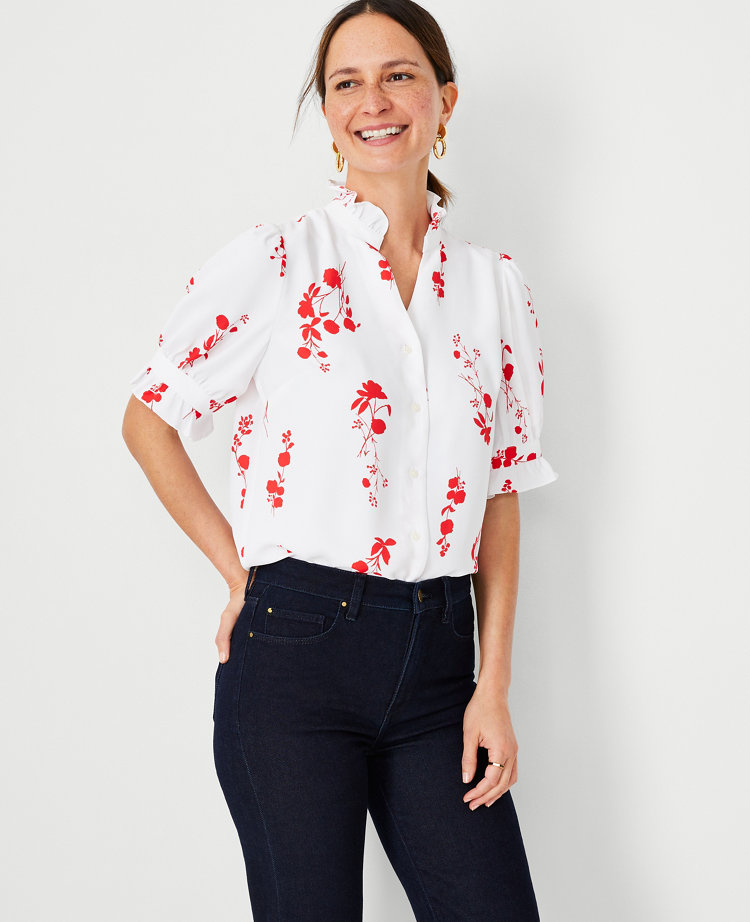 Floral Ruffle Button Top