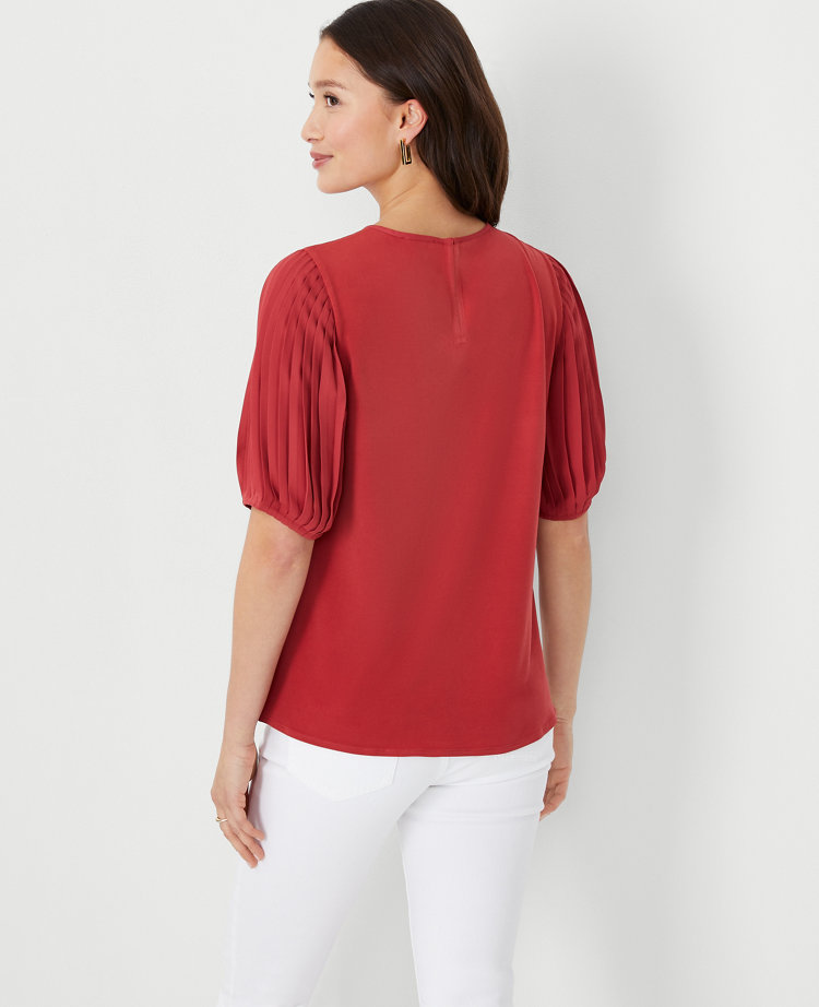 Pleated Elbow Sleeve Mixed Media Top