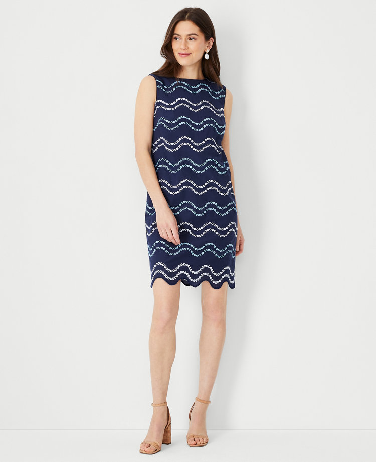 Wave Embroidered Scalloped Shift Dress