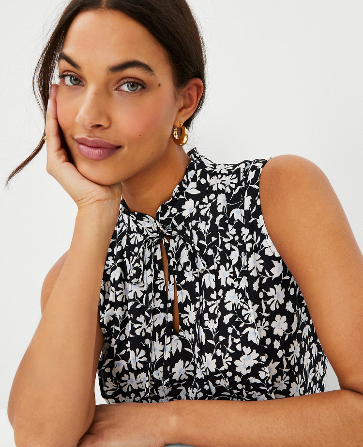 Floral Pintucked Ruffle Split Neck Top