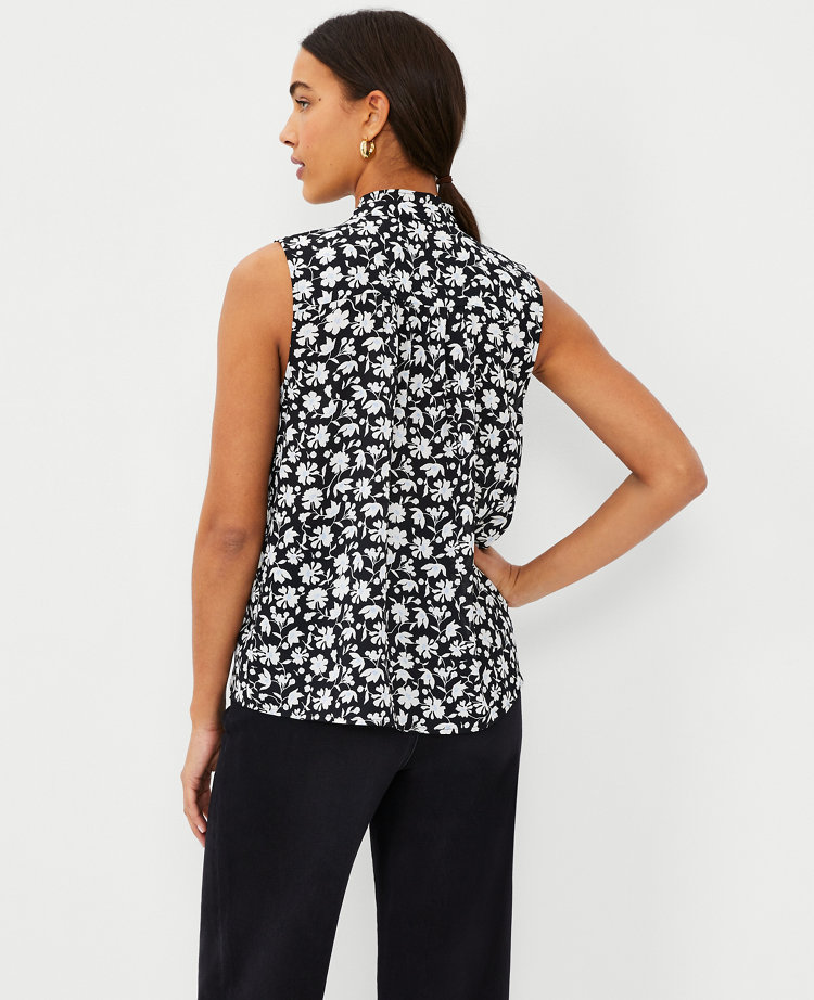 Floral Pintucked Ruffle Split Neck Top