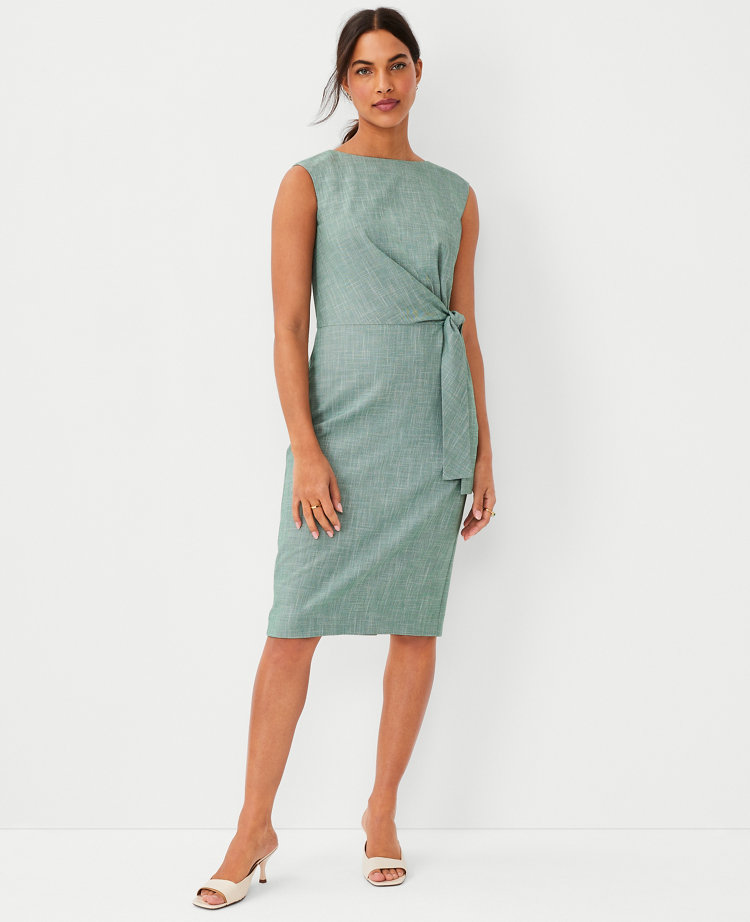The Petite Tie Waist Sheath Dress in Cross Weave