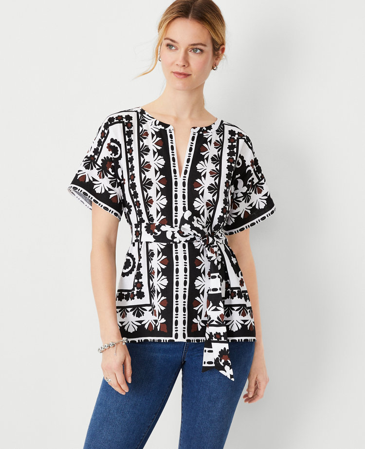 Scarf Print Linen Blend Tie Waist Dolman Top