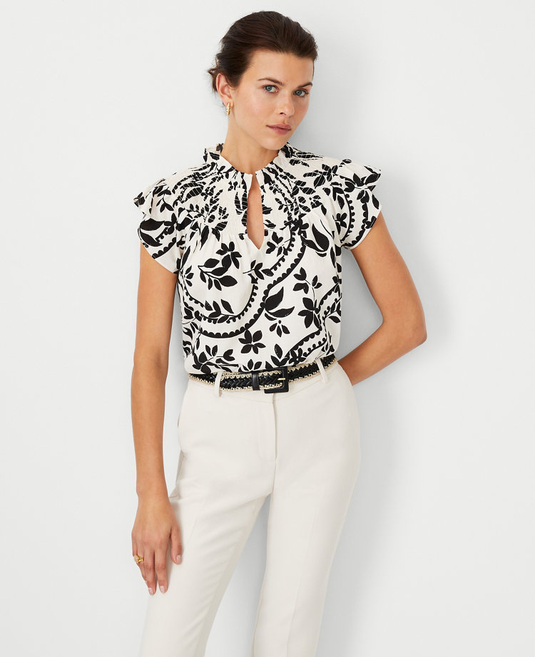 Tropical Smocked Ruffle Flounce Sleeve Popover