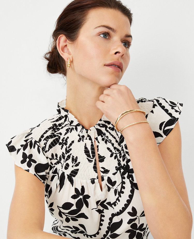 Tropical Smocked Ruffle Flounce Sleeve Popover