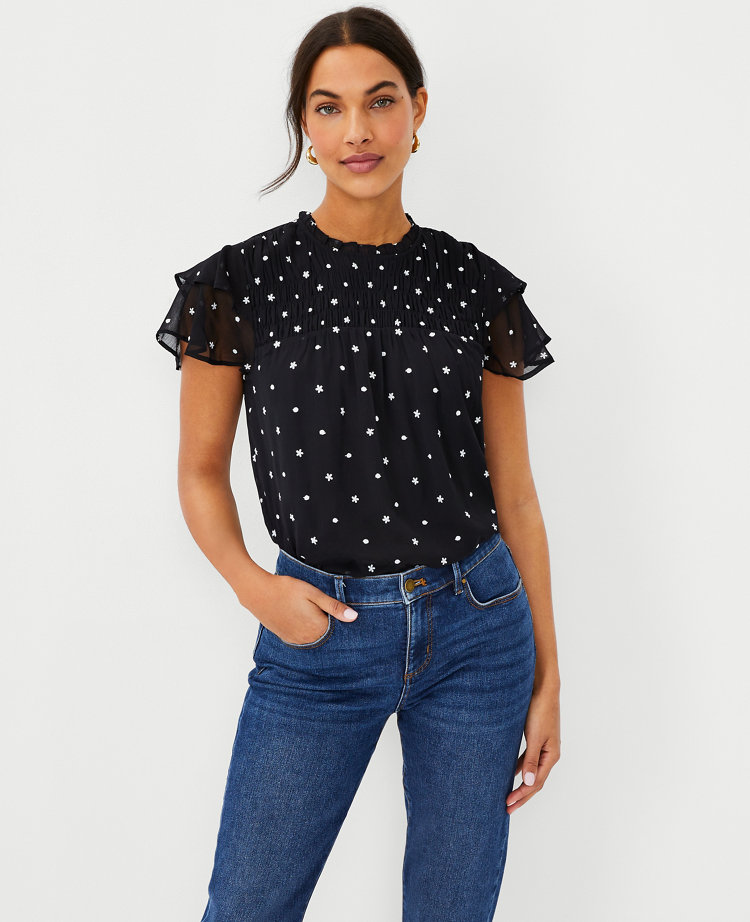 Floral Embroidered Smocked Yoke Blouse