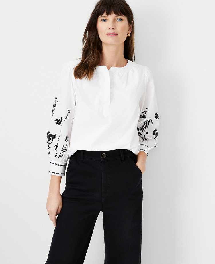 Embroidered Sleeve Split Neck Top