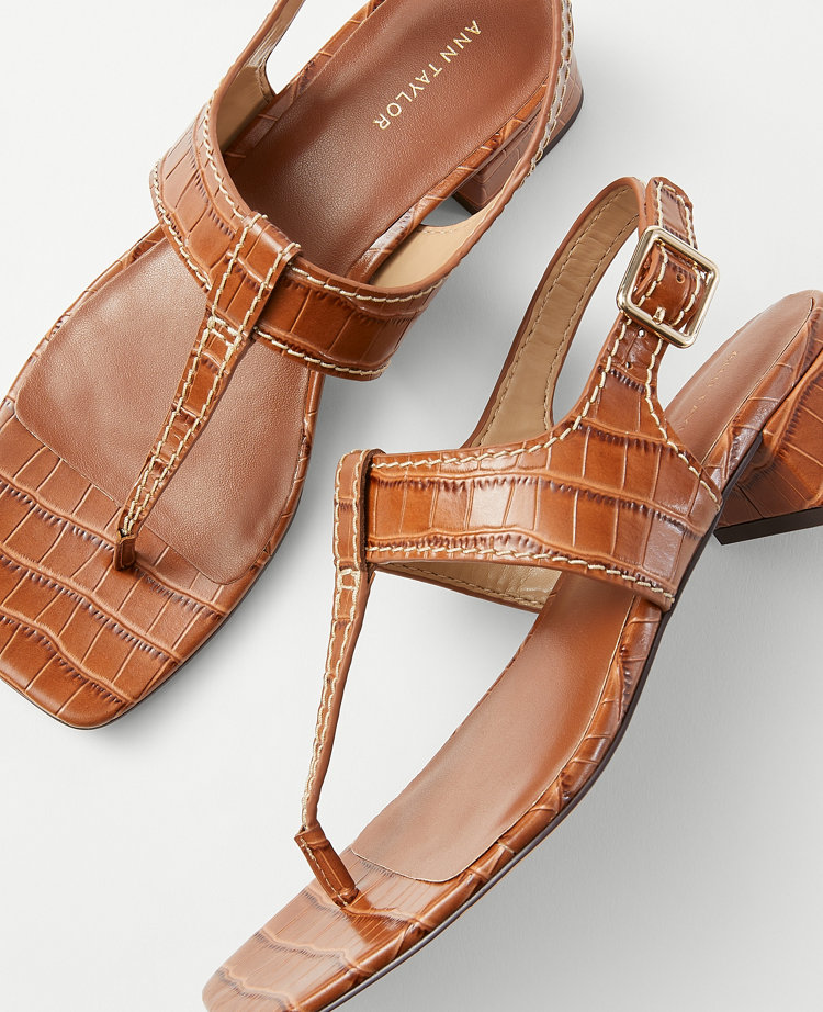 Embossed Leather T-Strap Mid Block Heel Sandals