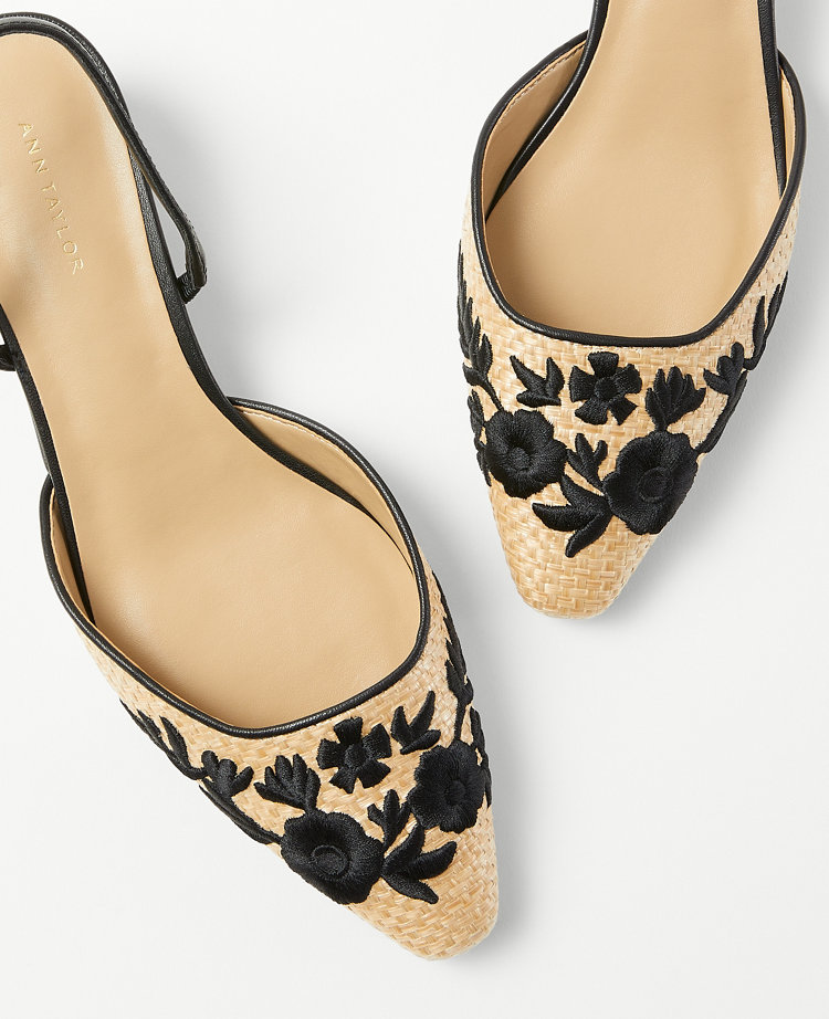 Embroidered Straw Blade Heel Slingback Pumps