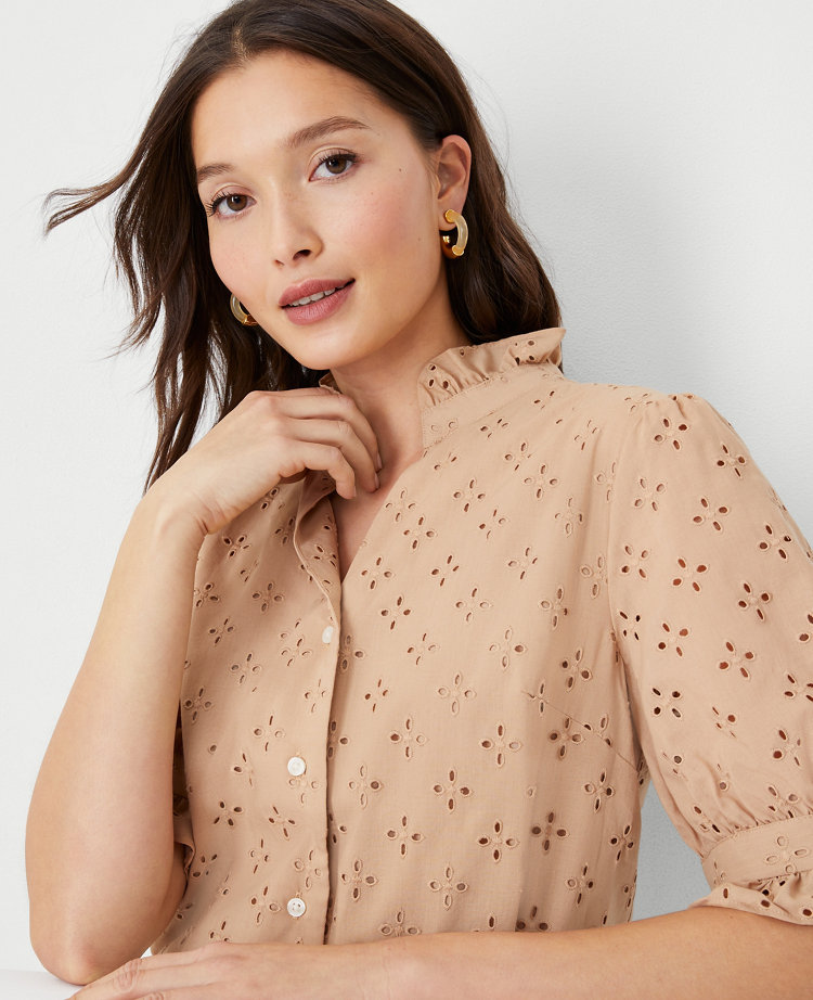 Eyelet Ruffle Button Top