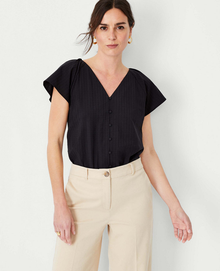 Pleated V-Neck Button Top