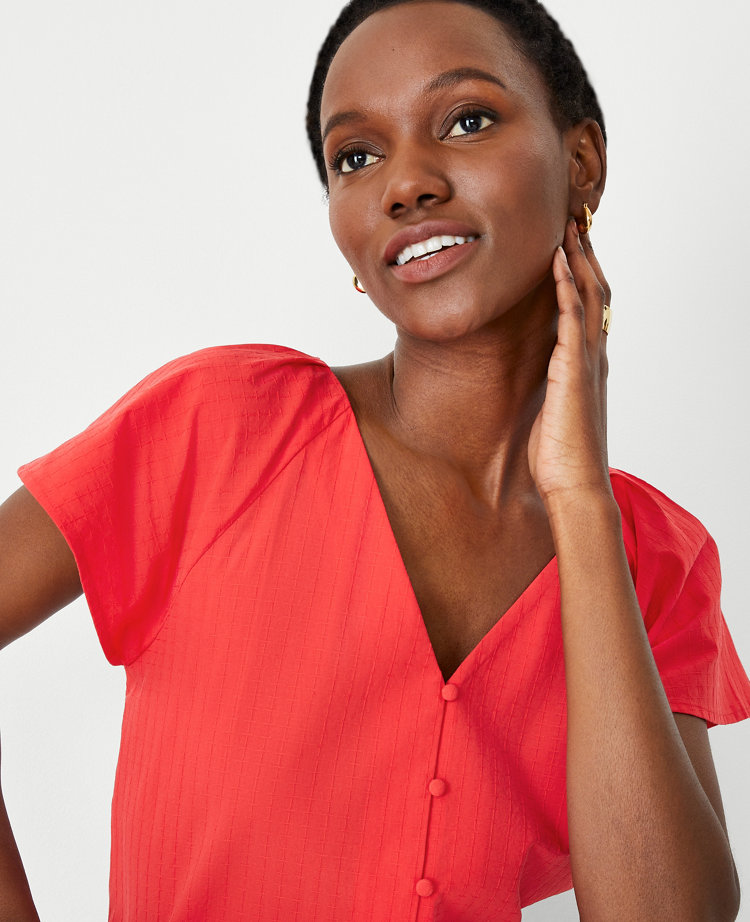 Pleated V-Neck Button Top