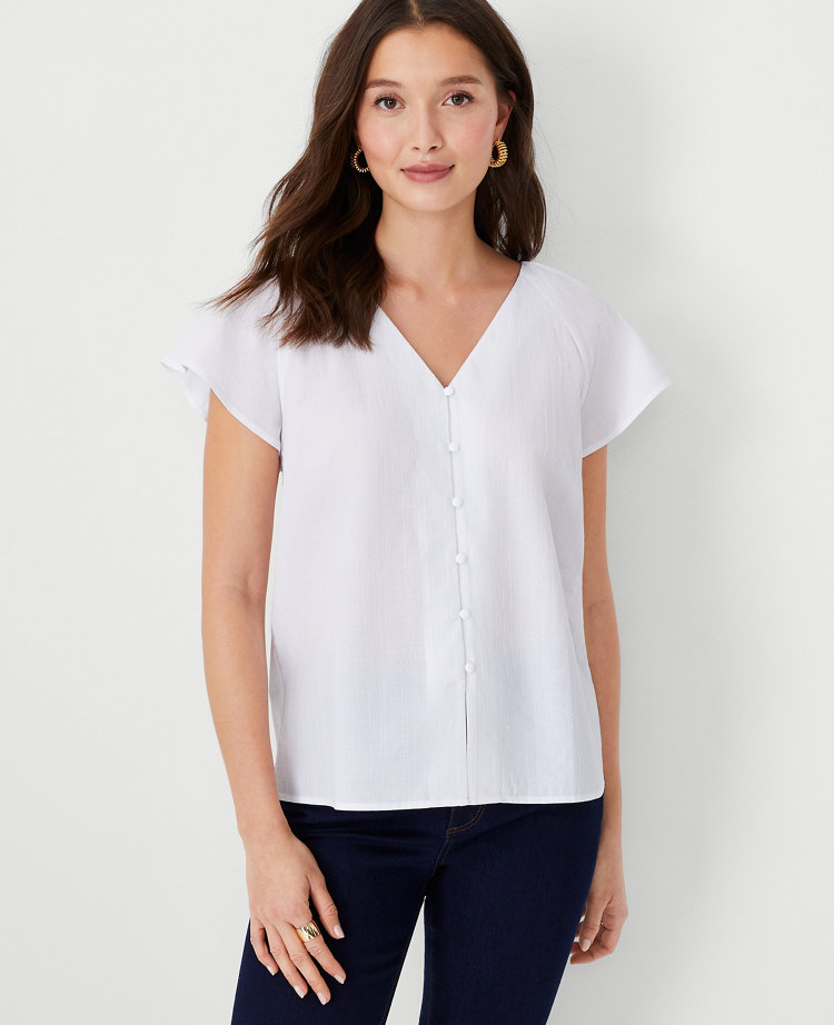 Pleated V-Neck Button Top