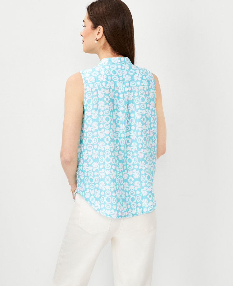 Geo Linen Split Neck Sleeveless Popover