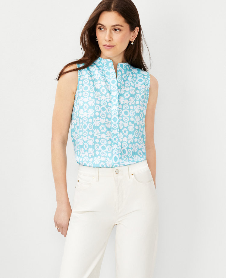 Geo Linen Split Neck Sleeveless Popover