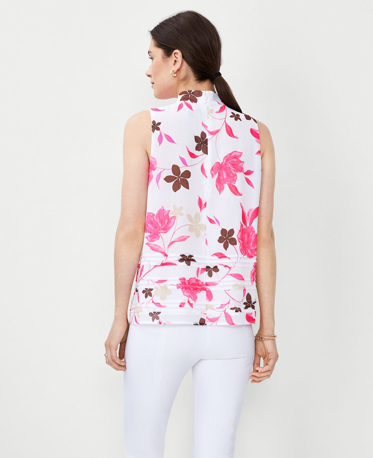 Floral Pintucked Mock Neck Shell