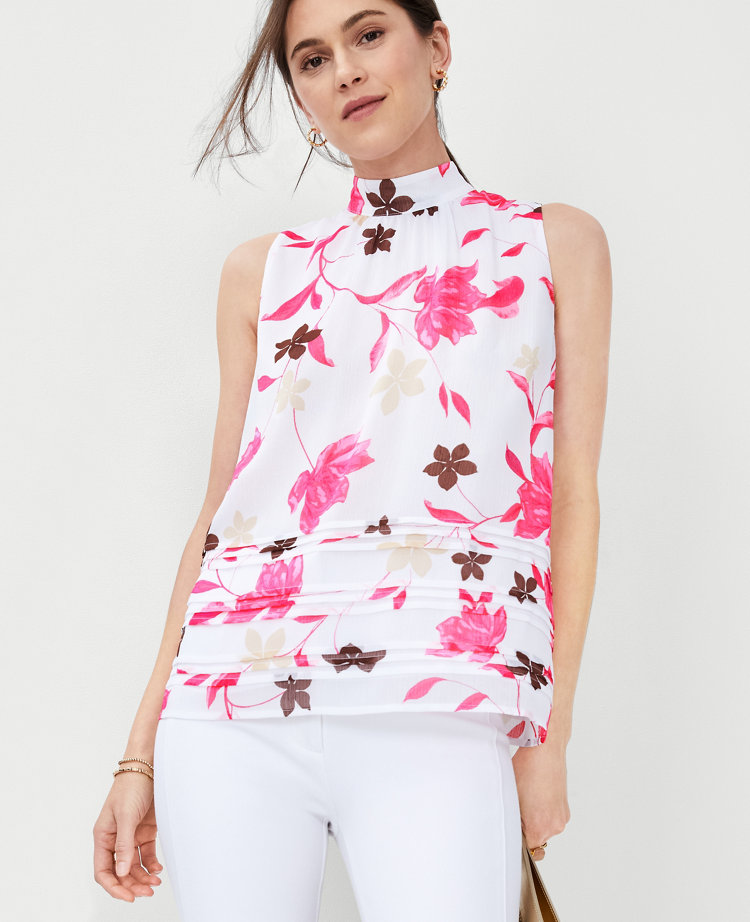Floral Pintucked Mock Neck Shell