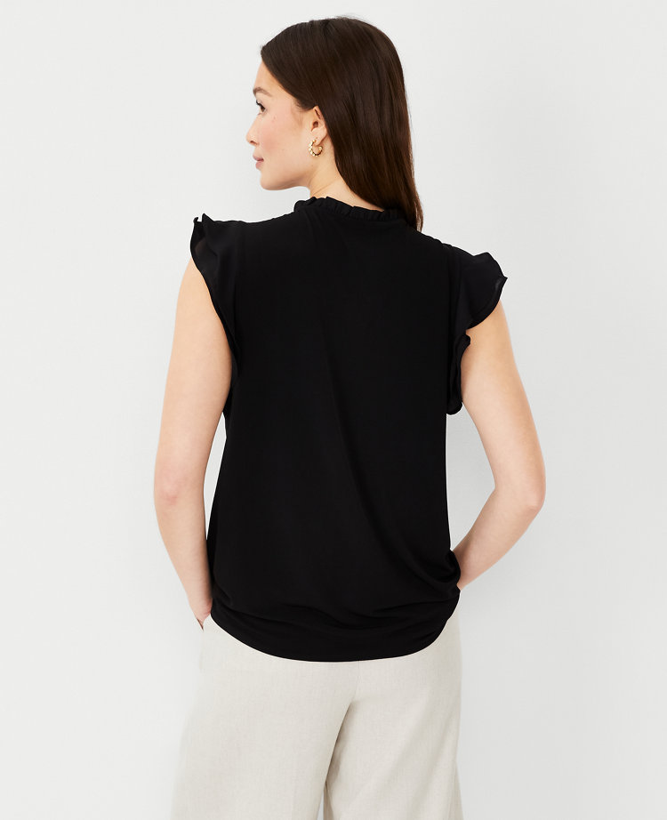 Mixed Media Ruffle Sleeve Split Neck Top
