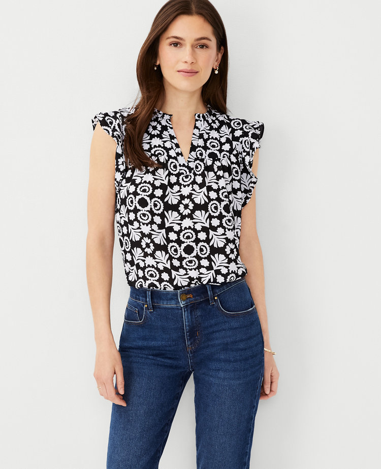 Geo Mixed Media Ruffle Sleeve Split Neck Top