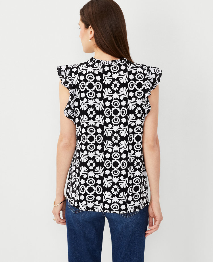 Geo Mixed Media Ruffle Sleeve Split Neck Top