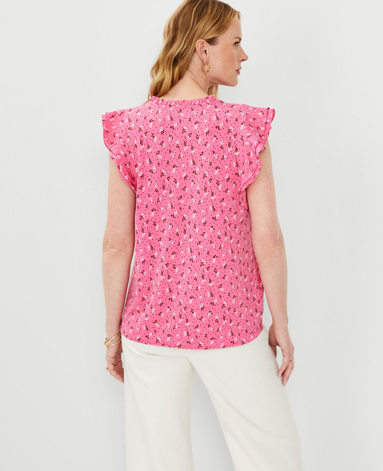 Leafed Mixed Media Ruffle Sleeve Split Neck Top