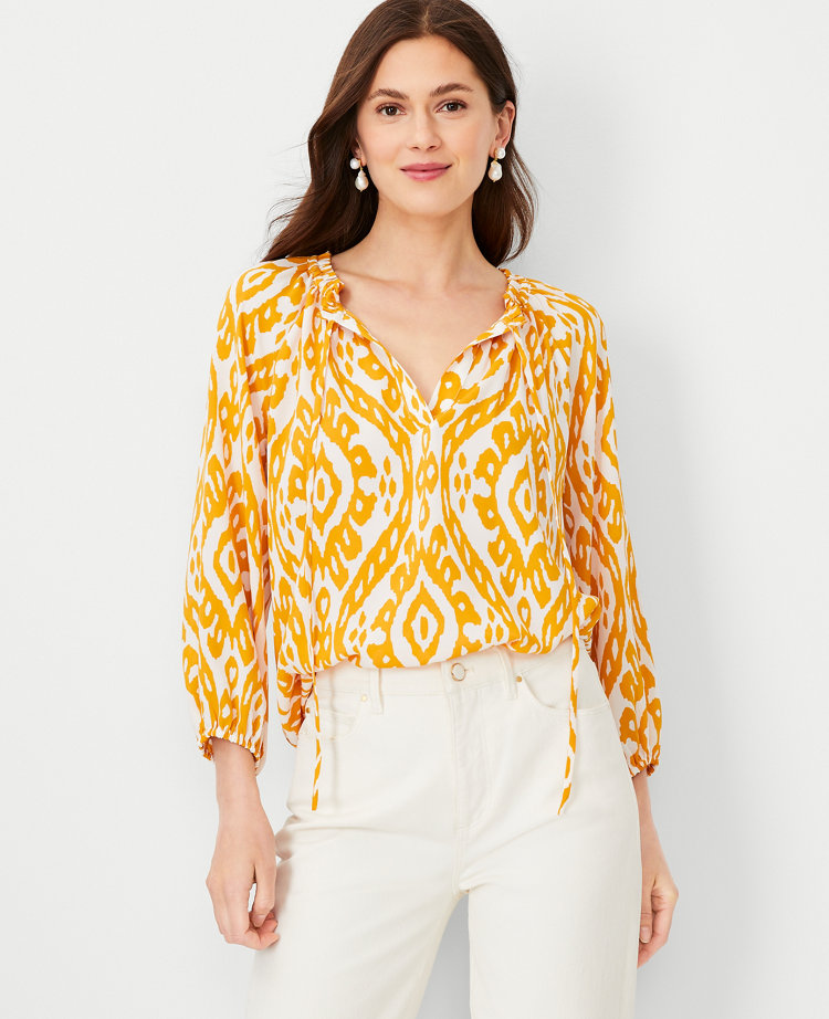 Ikat Mixed Media Tie Neck Top