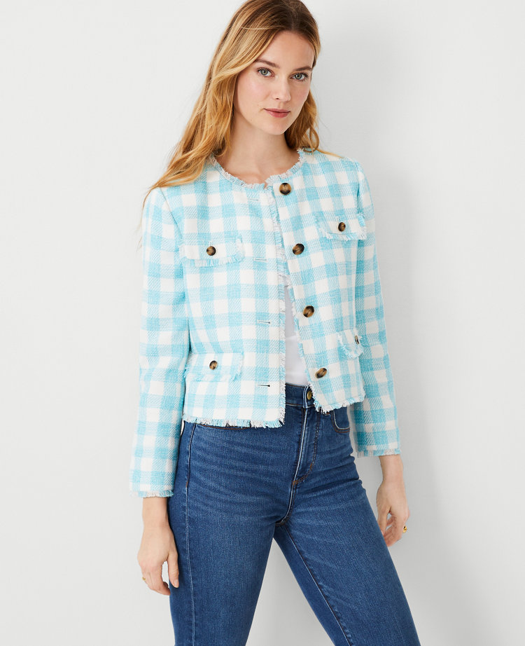 Petite Plaid Fringe Tweed Jacket