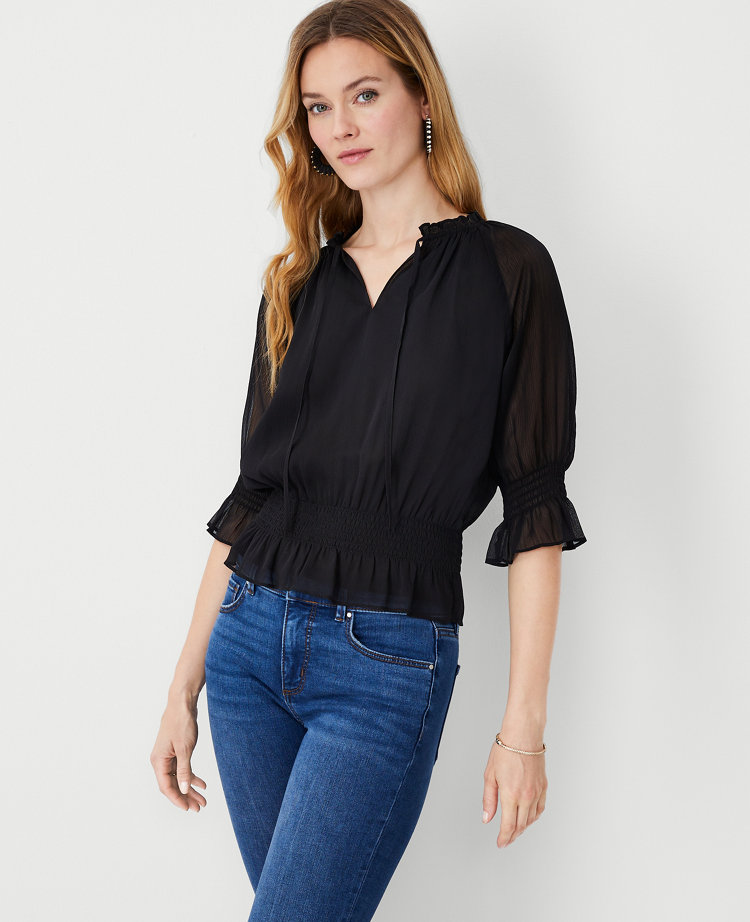 Smocked Ruffle Tie Neck Top