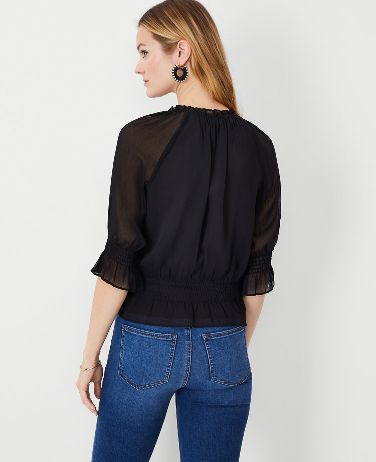 Smocked Ruffle Tie Neck Top