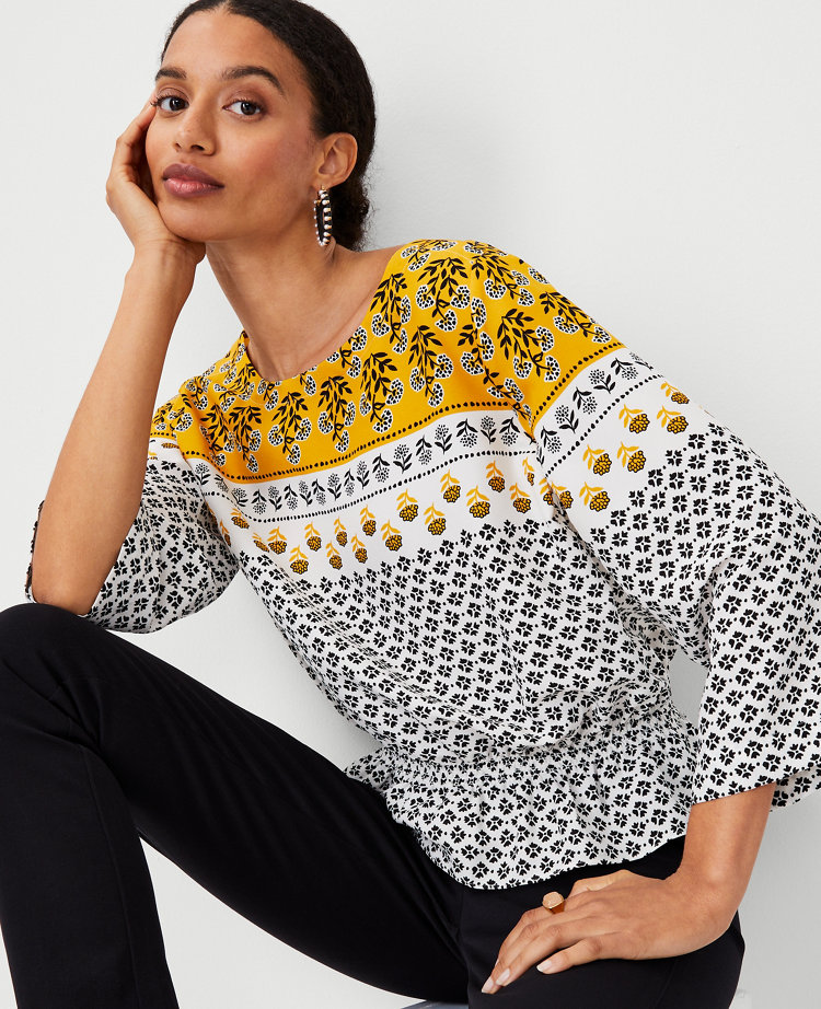 Border Floral Smocked Waist Top