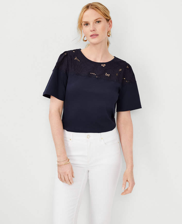 Petite Embroidered Yoke Tee