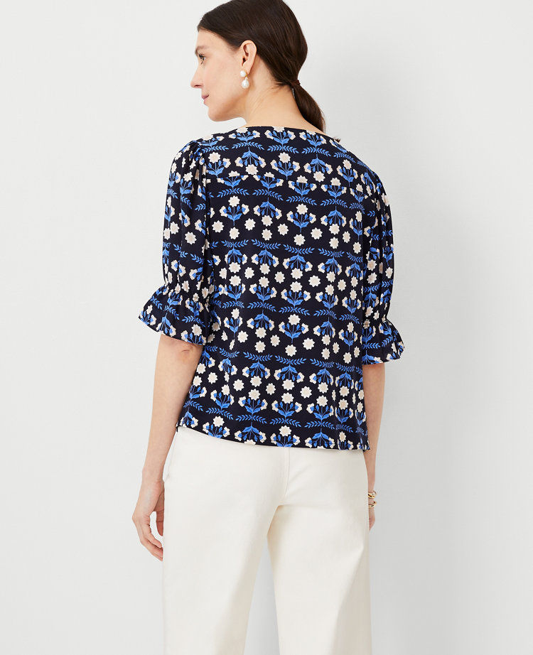 Tile Ruffle Mixed Media Puff Sleeve Top