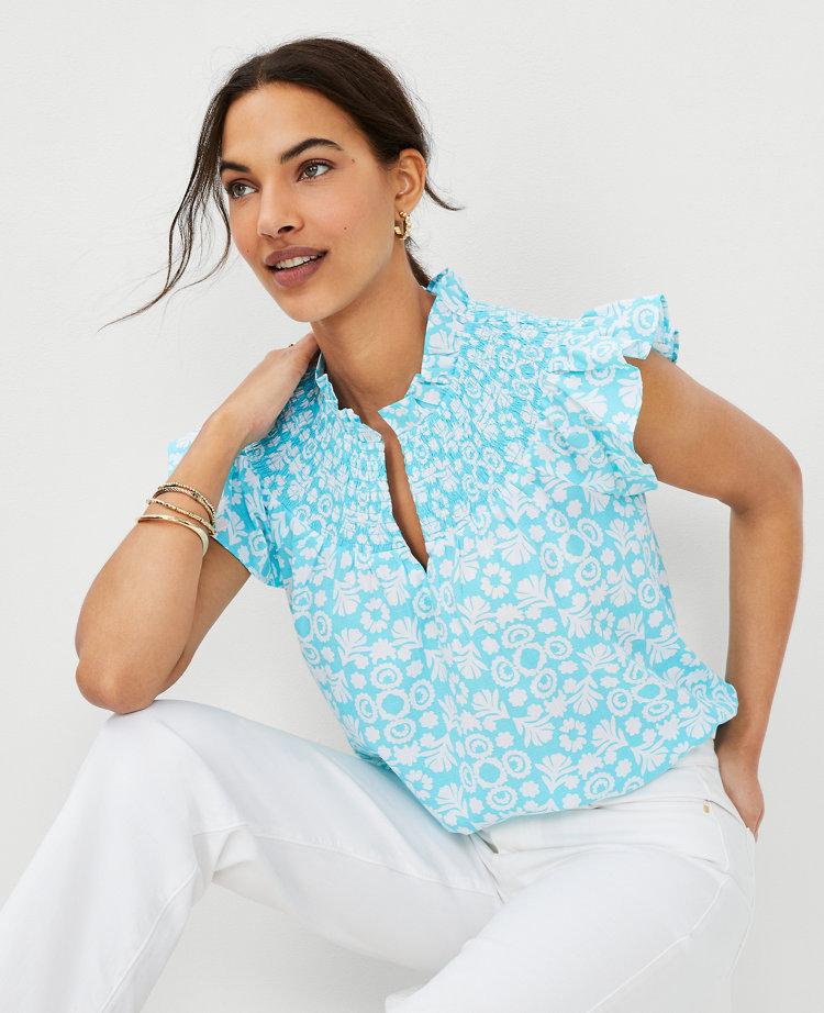 Petite Geo Smocked Ruffle Flounce Sleeve Popover