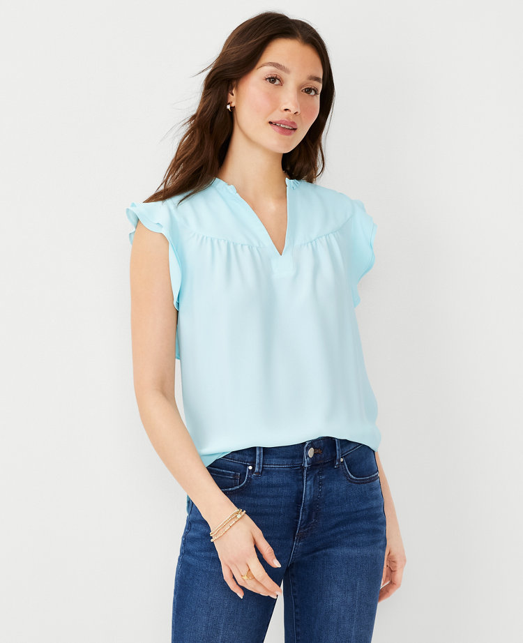 Mixed Media Ruffle Sleeve Split Neck Top