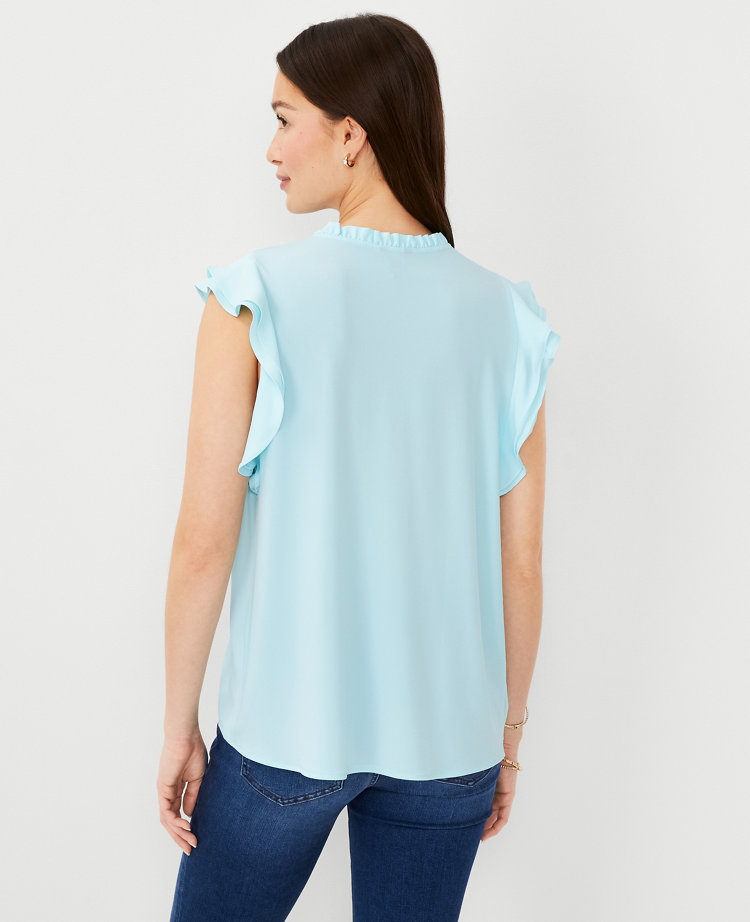 Mixed Media Ruffle Sleeve Split Neck Top