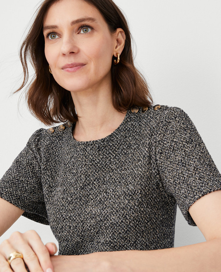 Metallic Boucle Shoulder Button Flutter Sleeve Top